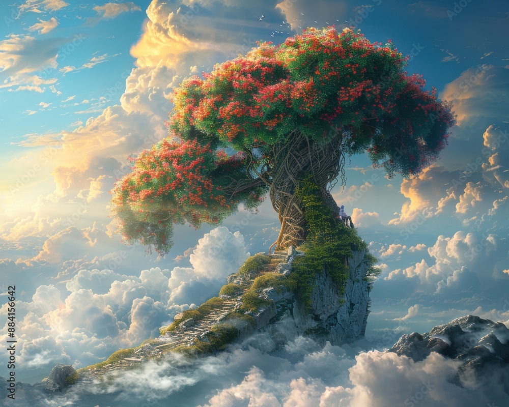 Create a surrealistic painting of a giant beanstalk reaching into the ...