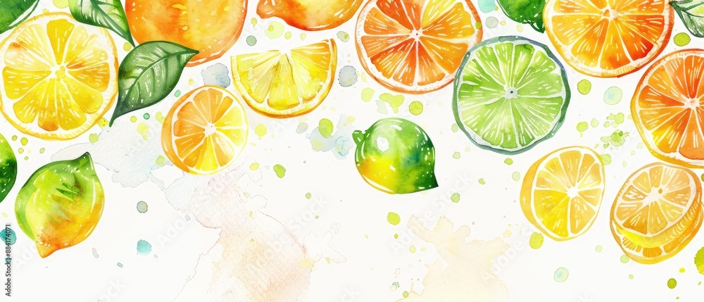 Summer Harvest, painted watercolor citrus fruit border background frame ...