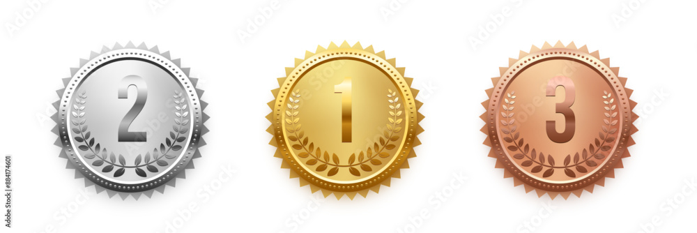 Gold, silver and bronze medals with numbers place set vector ...