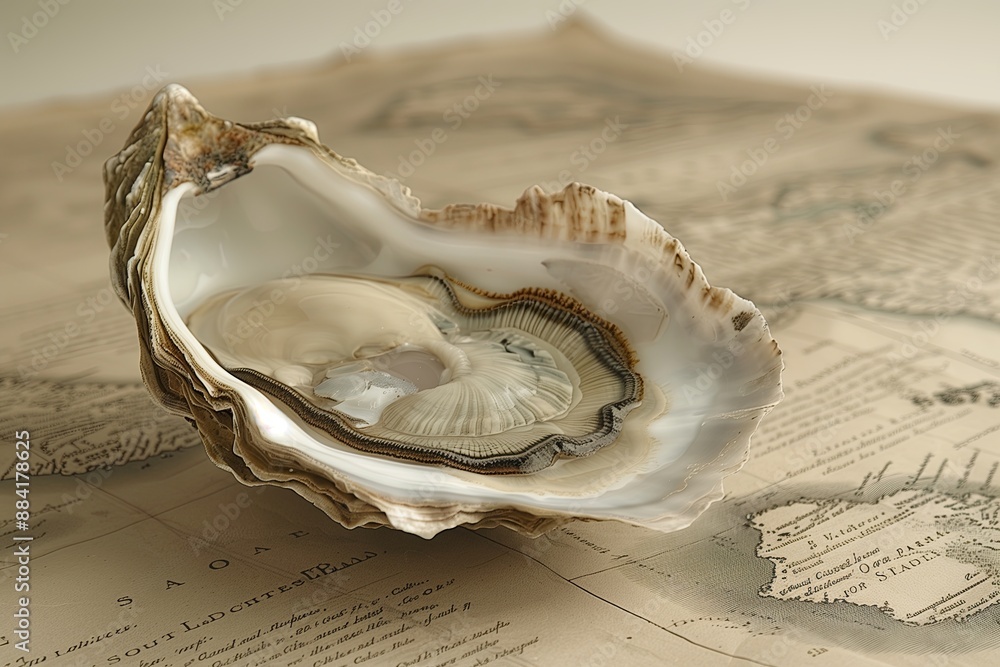 Opened oyster on the background of the old map of the sea Stock Photo ...