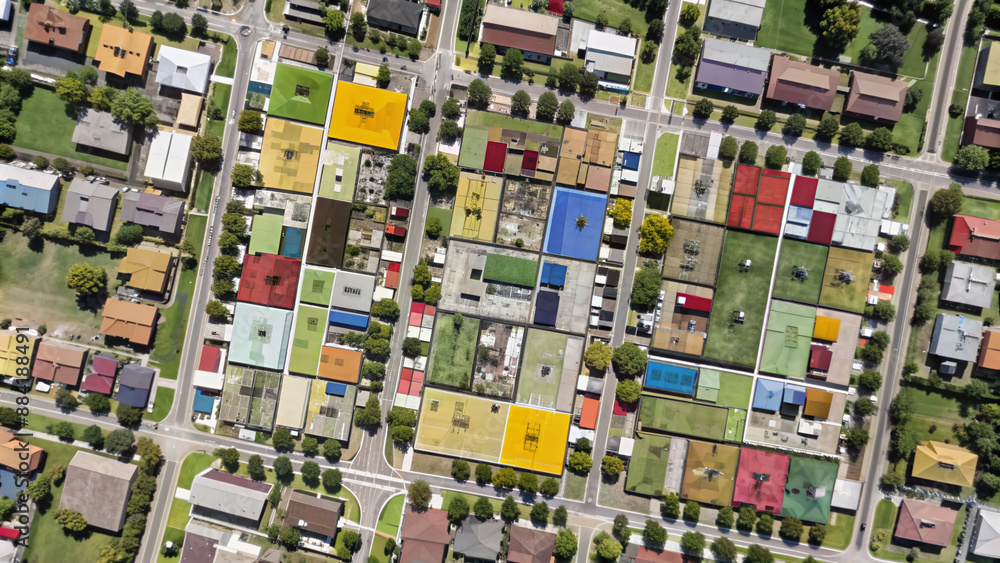 Colorful cadastral map displays buildings, parcels of land, and vacant ...
