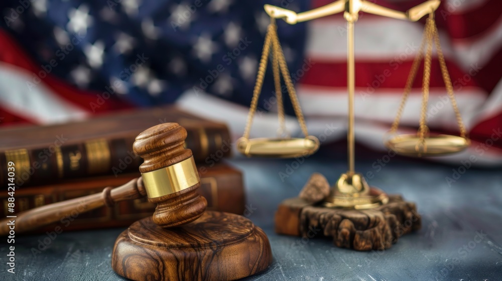 judge's gavel and a golden Scale of Justice on the American Flag ...