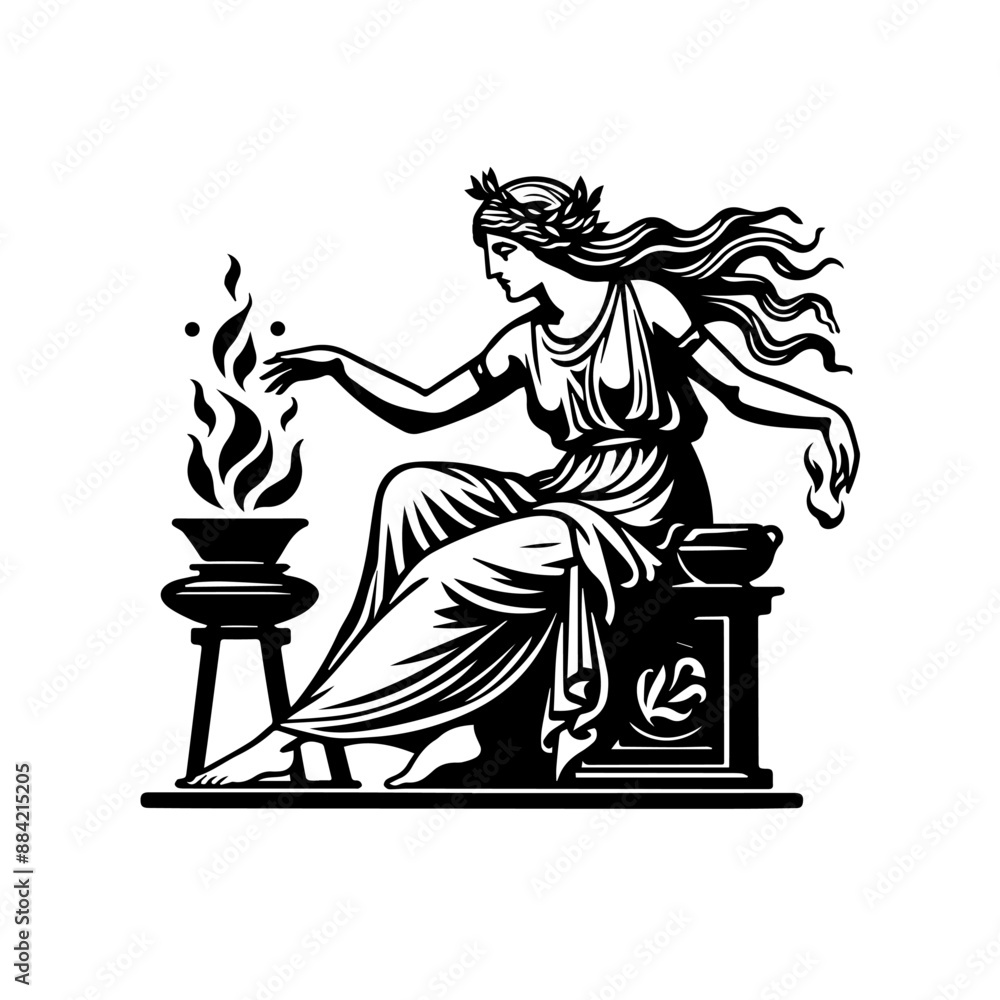 greek goddess of home and fire Hestia. illustration. black and white ...