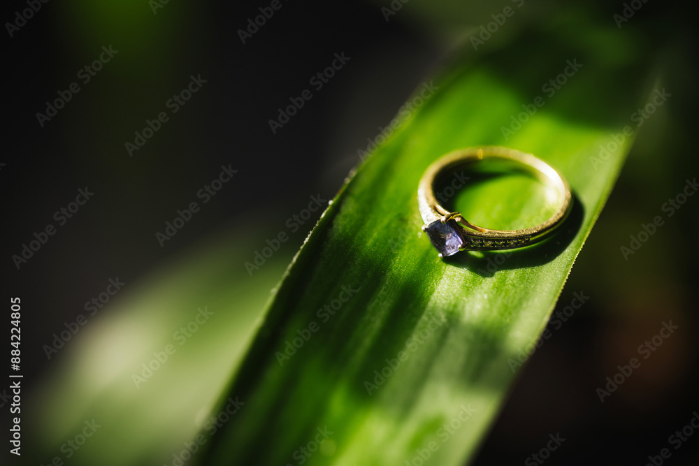 Sparkling golden engagement ring adorned with a purple gemstone, gleaming brilliantly in ...