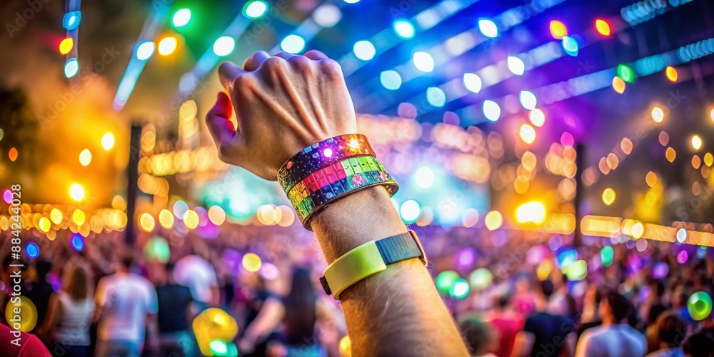 Vibrant and colorful festival wristbands and tickets adorn a wrist ...