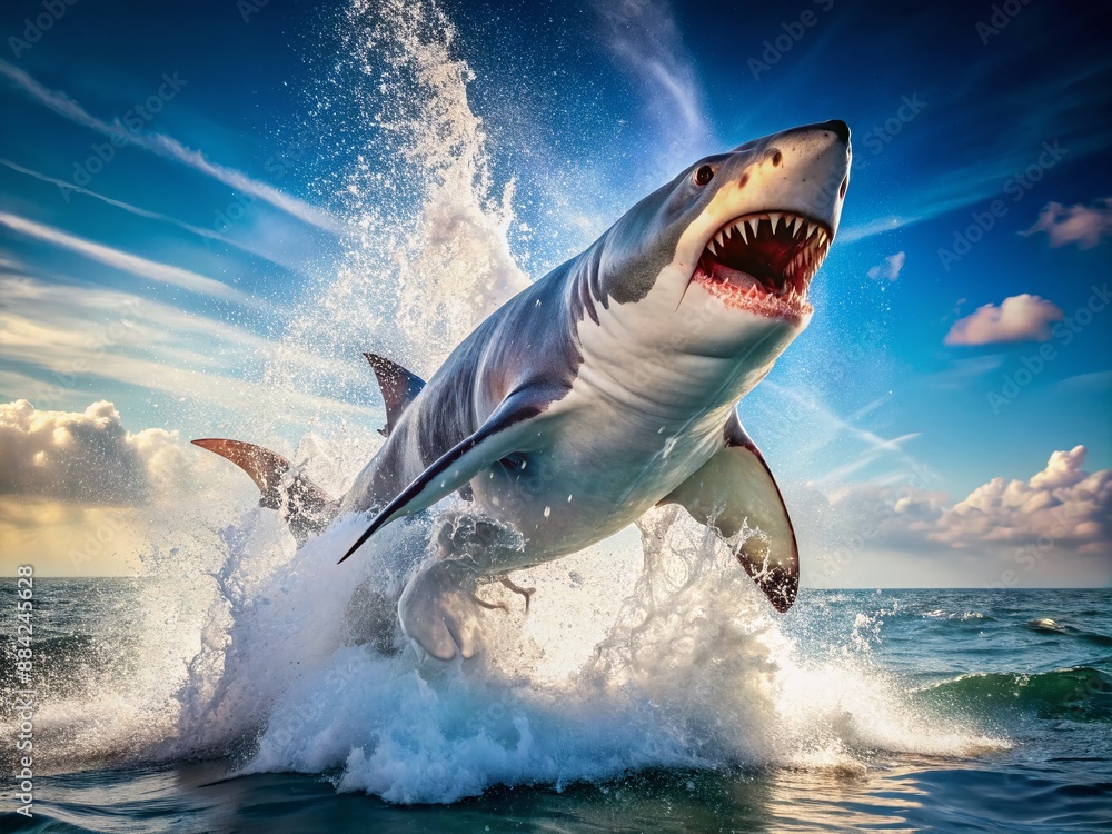 Fierce great white shark breach with jaws wide open, revealing razor ...