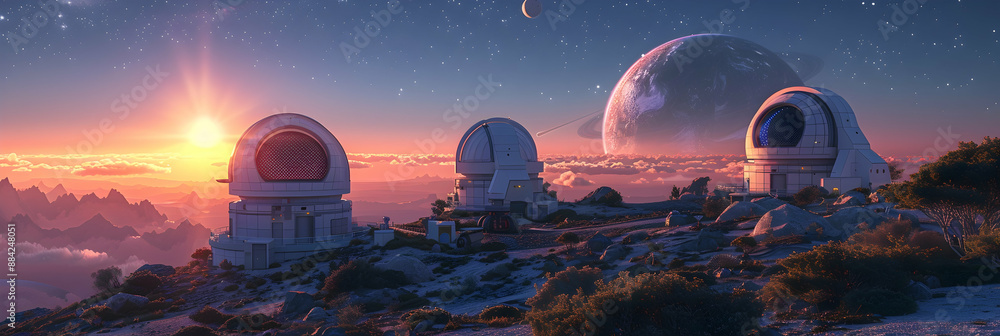 Futuristic solar planet with a network of telescopes and observatories ...