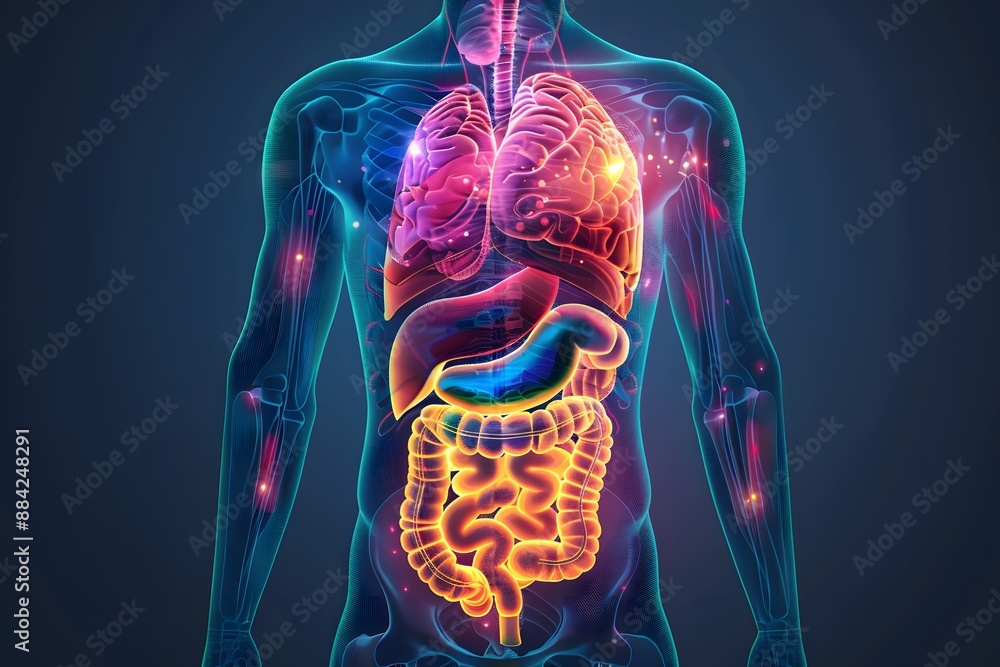 Anatomy of the human body highlighting the digestive system. Detailed ...