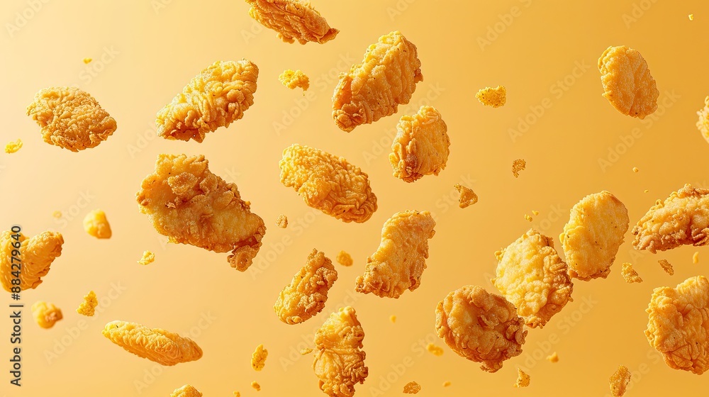 Fried chicken nuggets falling in the air on blank background with copy ...