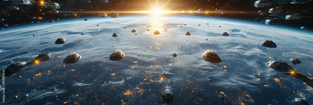 Futuristic solar planet with an interconnected network of space ...
