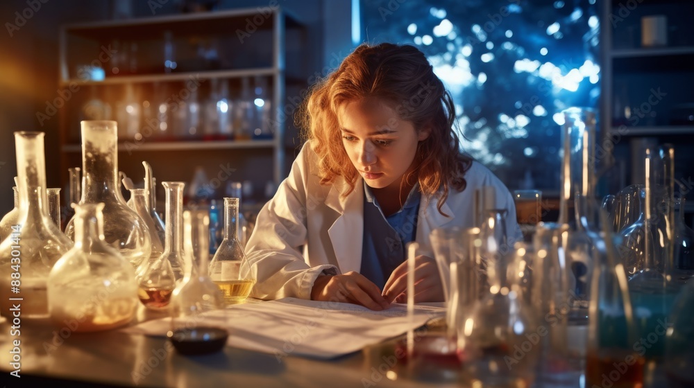 High school student conducting experiment in chemistry lab with test ...