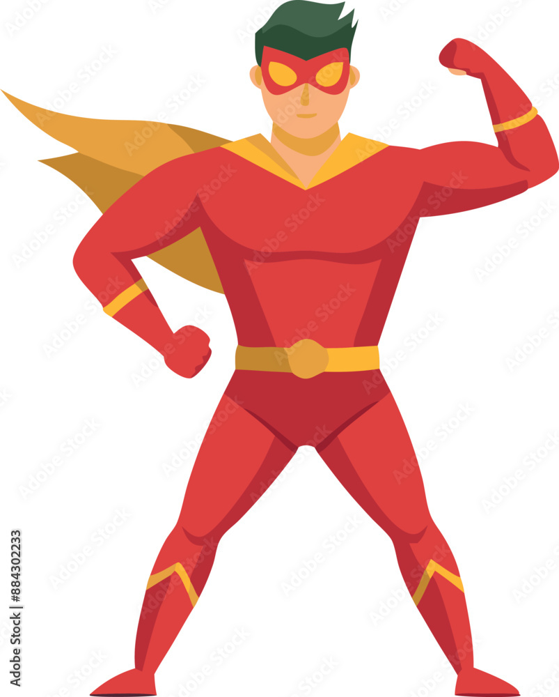 Vector illustration of a strong superhero in a red costume and yellow ...