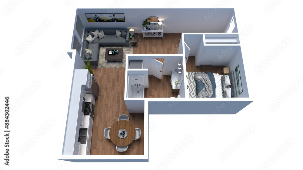 3d floor plan rendering for one bedroom ,kitchen, living , and Bathroom ...