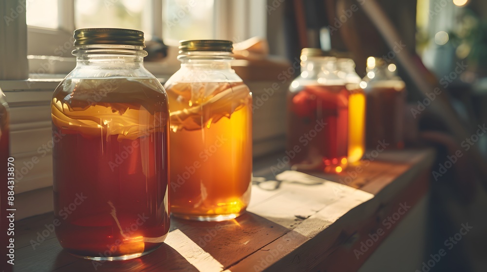 Kombucha is ready for consumption. The fermented tea drinks are in ...