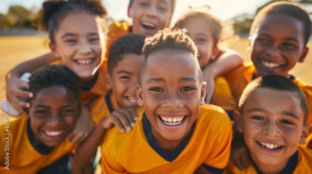 Happy children making sport. Group of happy boys making sports huddle ...