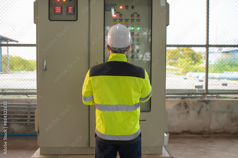 Electrical engineer man checking voltage at the Power Distribution Cabinet,preventive ...