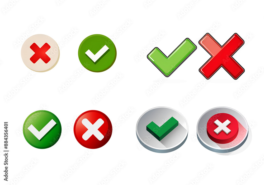 Green check mark, red cross mark icon set. Isolated tick symbols, checklist signs, approval ...
