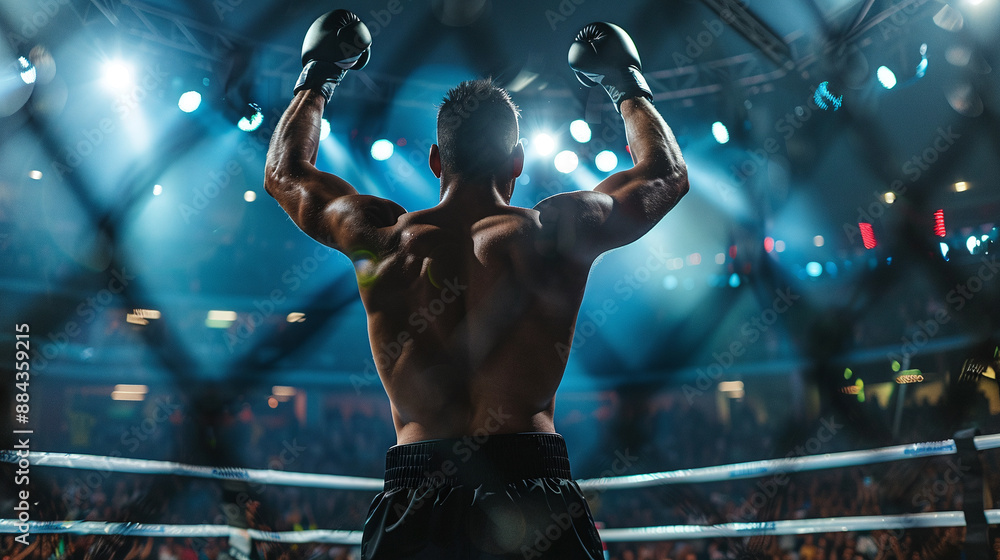 Boxer in the ring. The fighter raised his hands up, demonstrating his ...