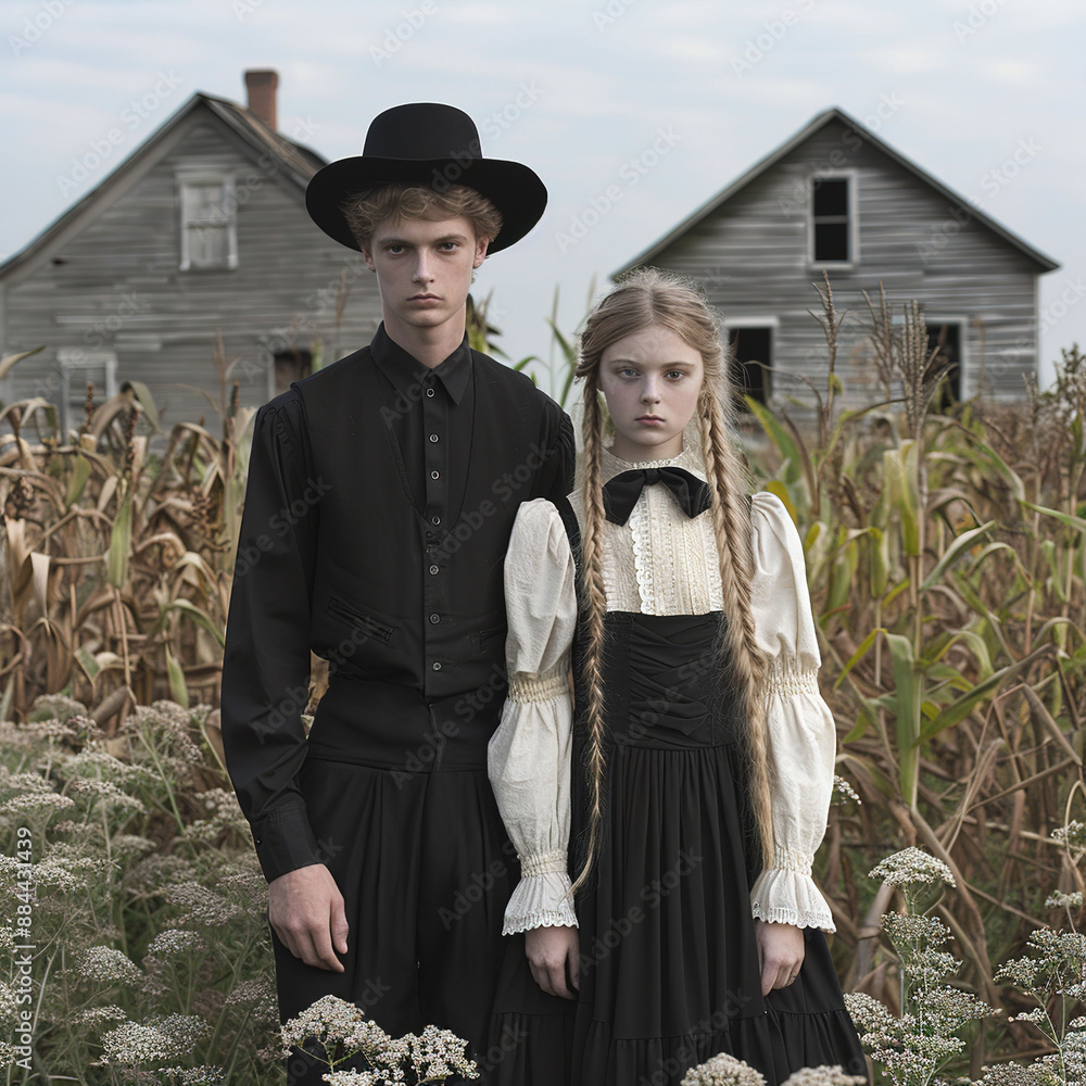 Iconic American Gothic farmers, brother and sister in modest rural ...