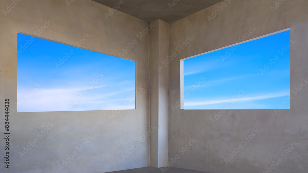 Blue sky view inside of two panoramic window frames structure in ...