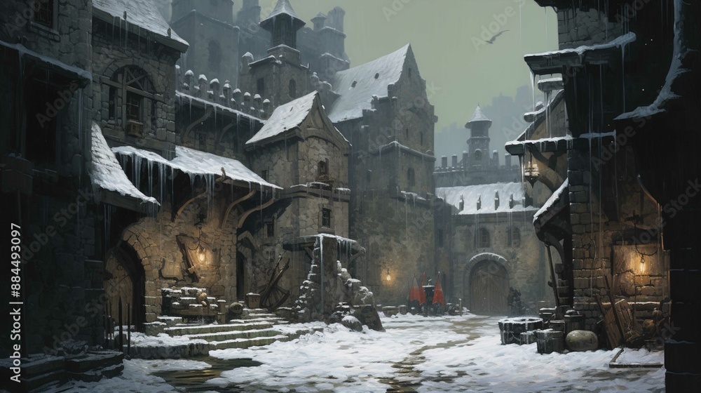 This image depicts a medieval, snow-covered village scene nestled among ...