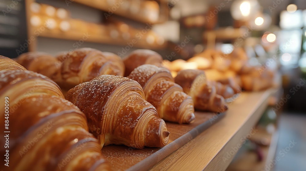 Freshly baked croissants displayed on a bakery shelf, inviting with ...