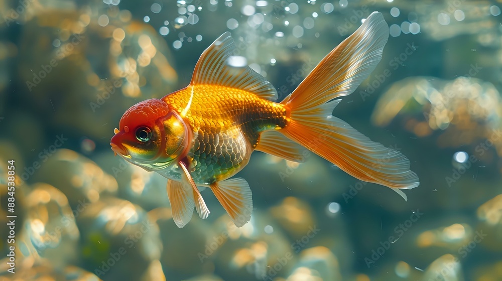Dynamic mid-swim capture of a radiant Oranda goldfish, illuminated by ...