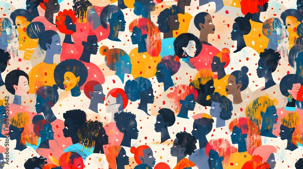 Colorful diverse people crowd abstract art seamless pattern set. Multi ...