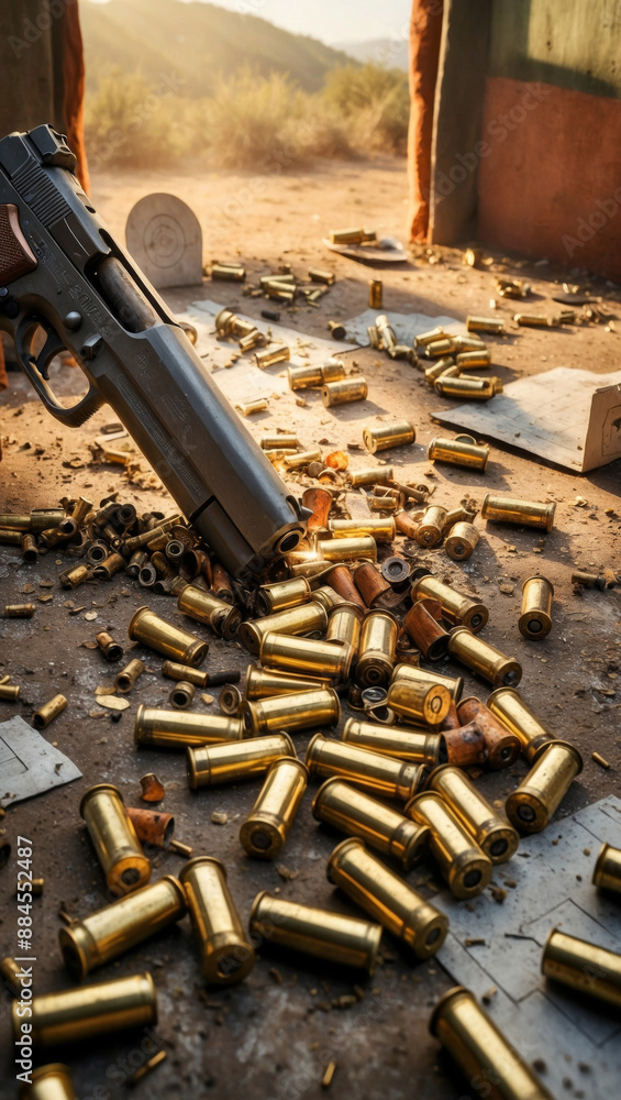 A modern gun and a lot of empty gun shells on the ground of a shooting ...