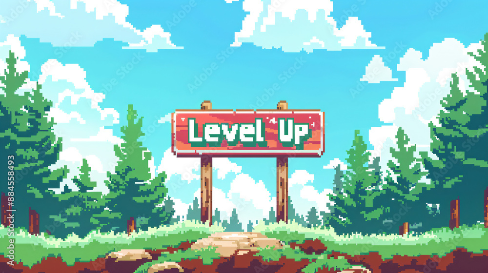 Pixel Art Level Up Sign in Forest. Stock Illustration | Adobe Stock