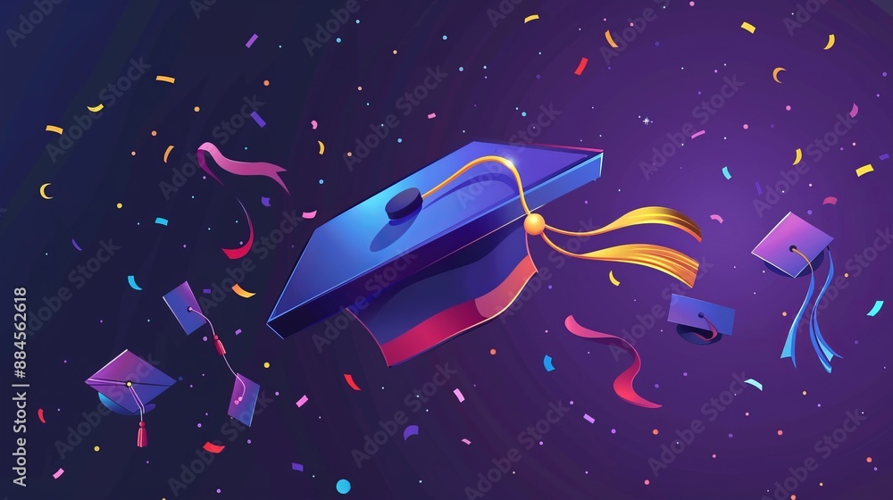 Artistic rendering of multiple graduation caps flying in the air amidst ...