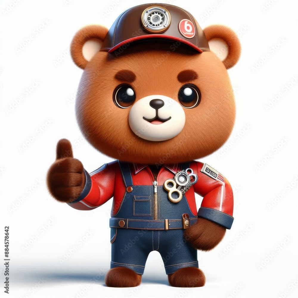 mascot bear mechanical engineer 3d character is holding a machine while ...