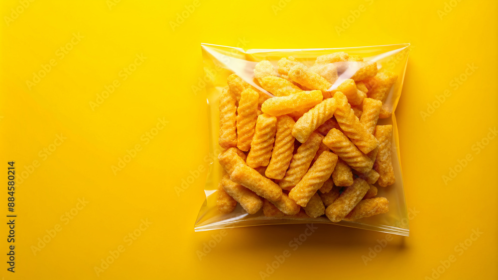Colorful rectangular package of crispy fried snacks with transparent ...