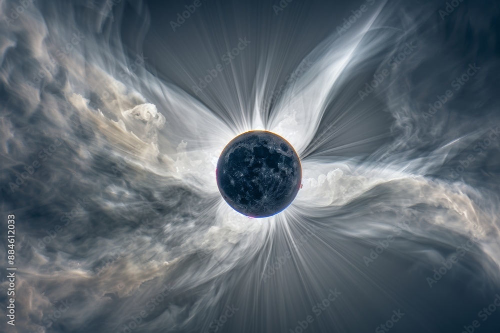 Stunning solar eclipse with moon blocking sun. Dramatic corona flares ...