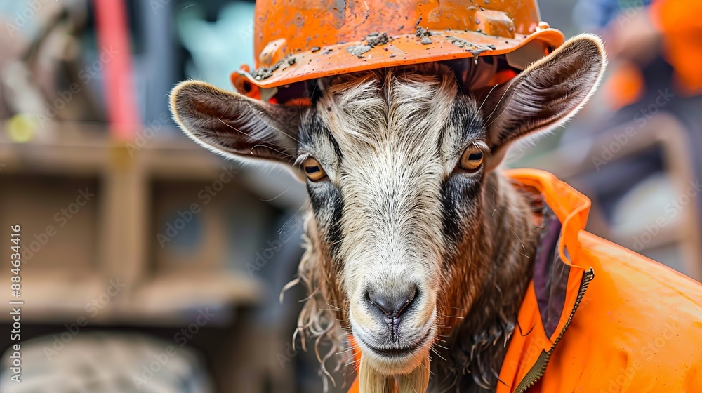 A goat, dressed in an orange safety helmet and coat, stands at a busy ...