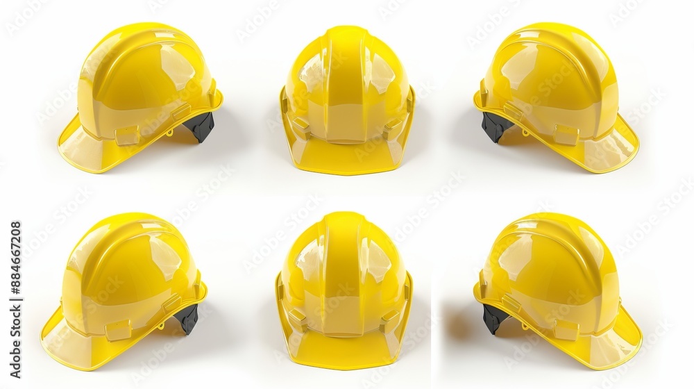 This image shows six yellow construction helmets photographed from ...