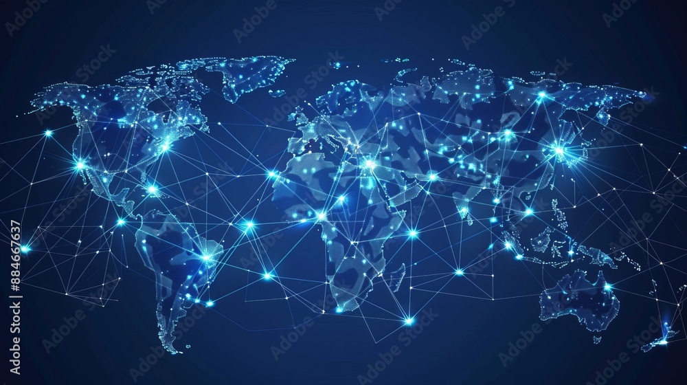 A sophisticated digital representation of a world map, featuring illuminated points interlinked ...