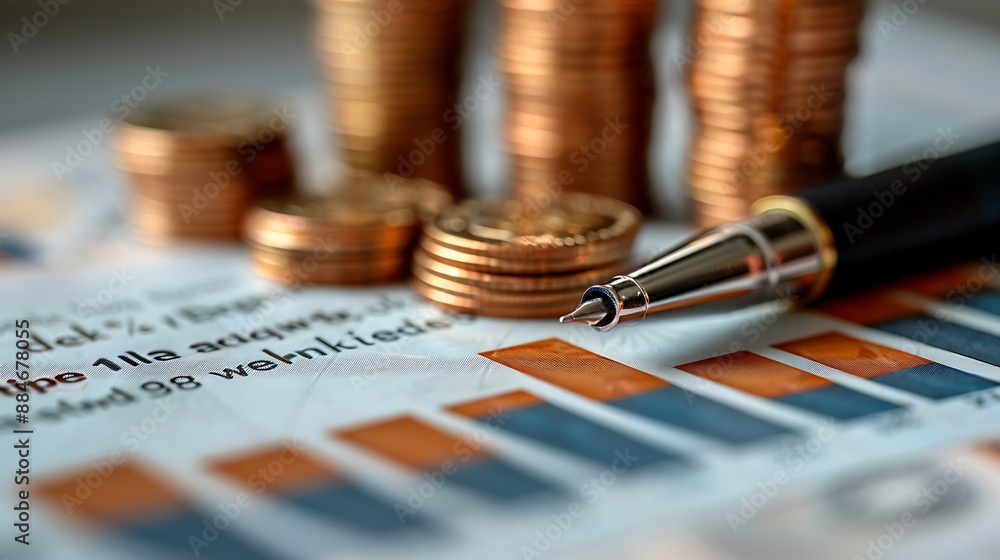 Economy and finance background with money coins , pen and stocks market ...