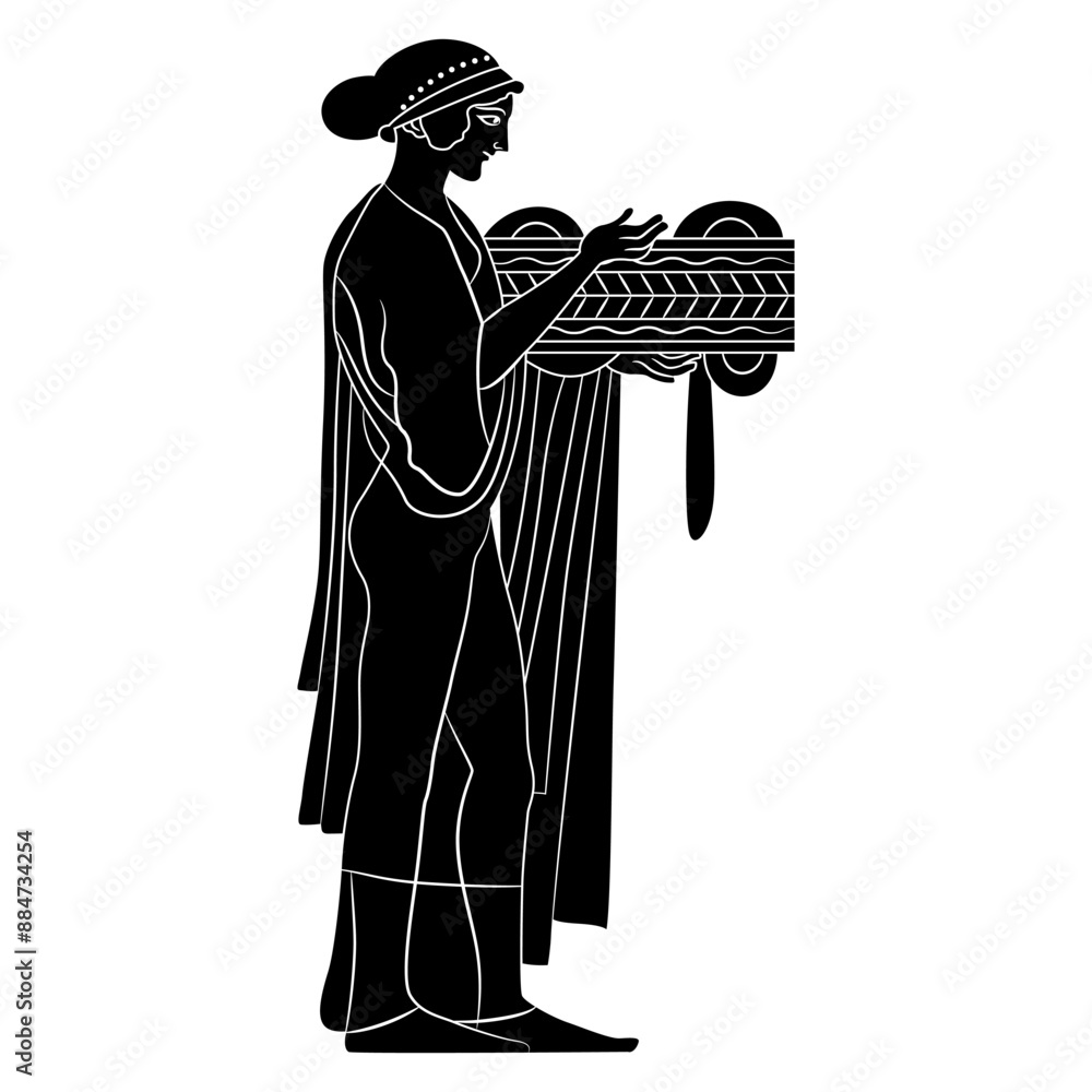 Standing Ancient Greek girl in profile holding a box. Pandora. Vase ...