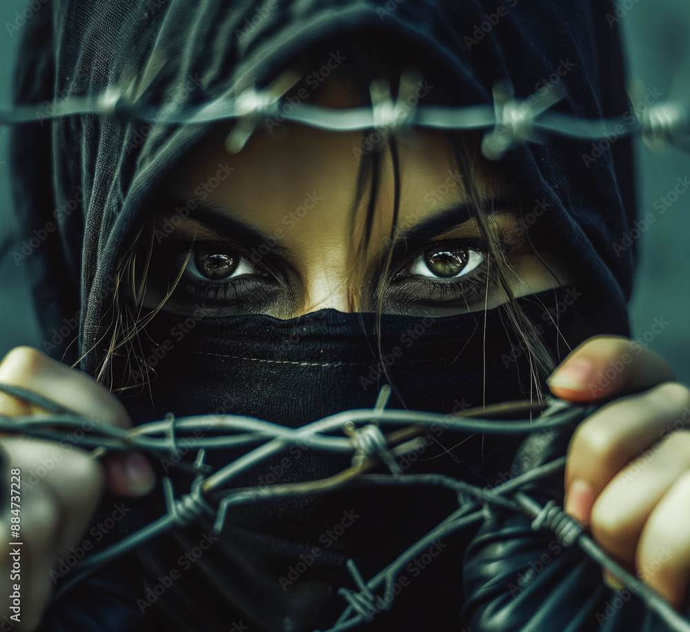Standing against oppression concept with masked woman grabbing barbwire ...