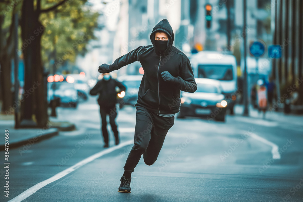 Thief running down the street with police officer chasing ...