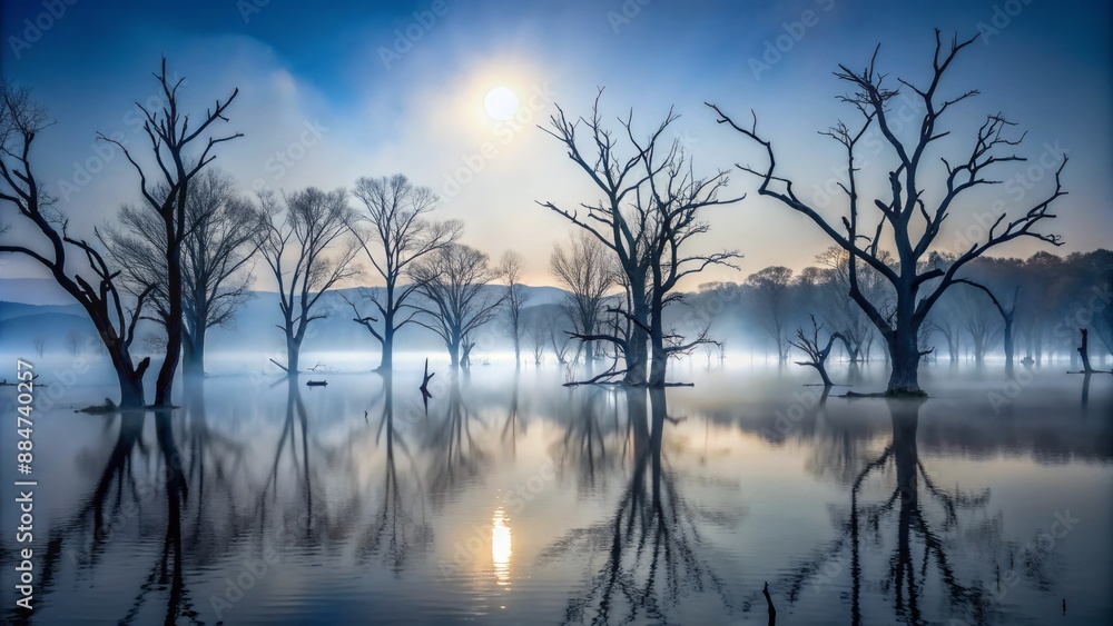 Ominous and foreboding darkness envelops isolated mist-shrouded lake ...