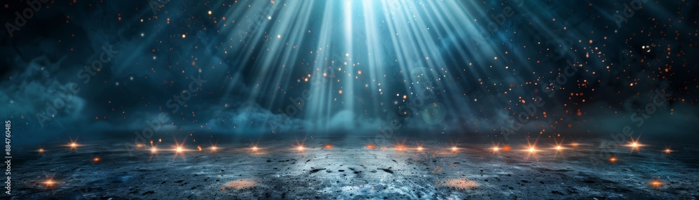 Mystical light beams illuminate a dark, sparkling ground, creating a ...