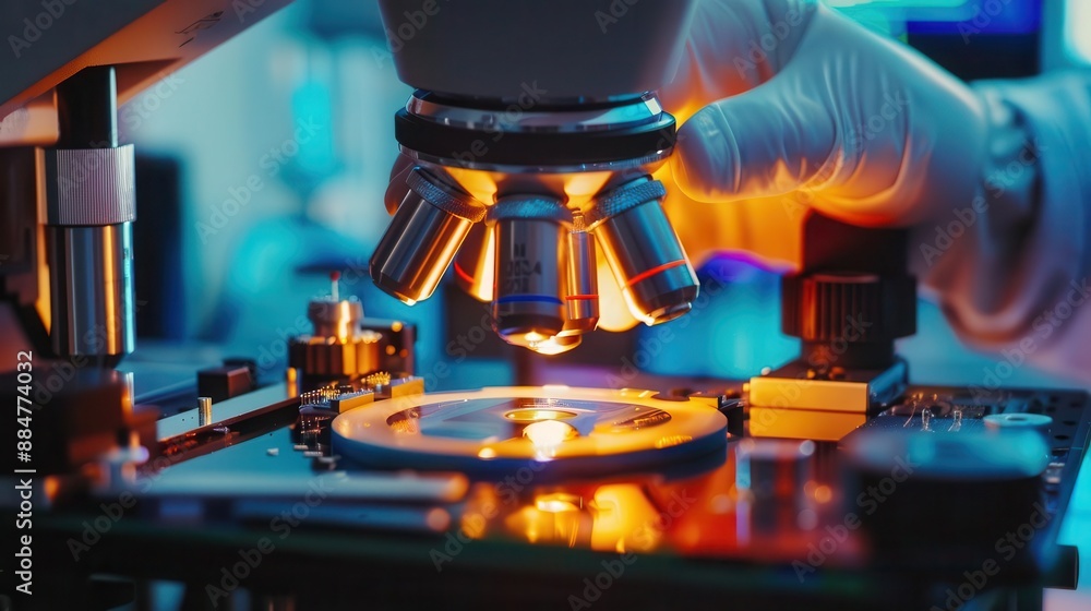 Scientists Hand Manipulating Semiconductor Wafers Under A Microscope