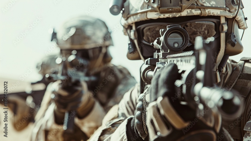 Military personnel handling hightech arms in a desert combat zone ...