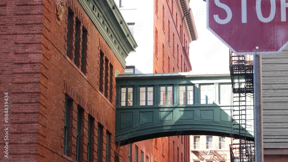 New York City Staple street skybridge. Vintage retro industrial ...