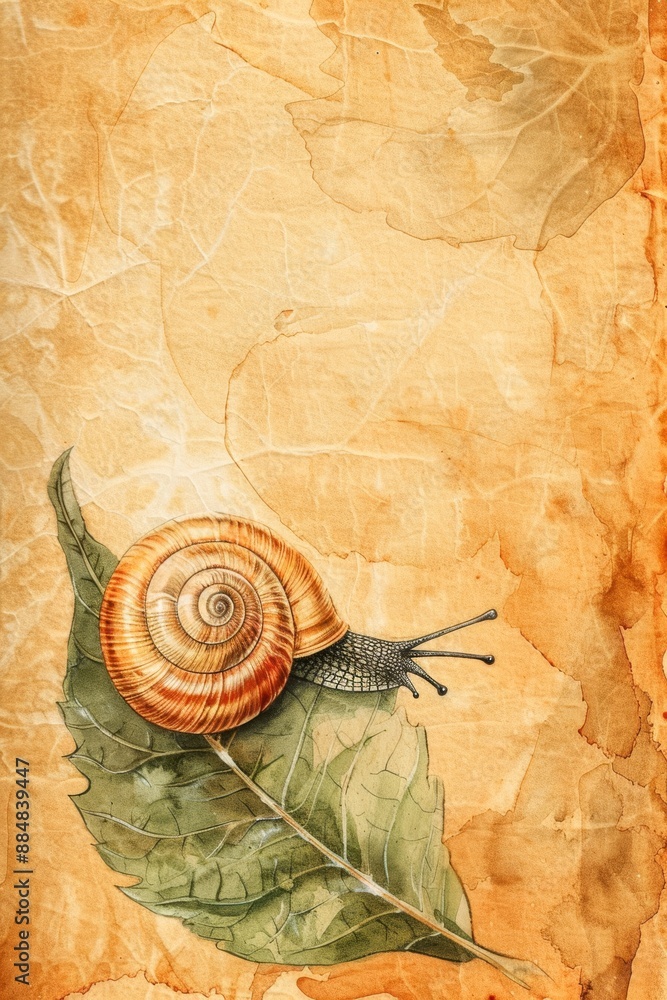 watercolor clipart of Snail crawling on a leaf on parchment page ...