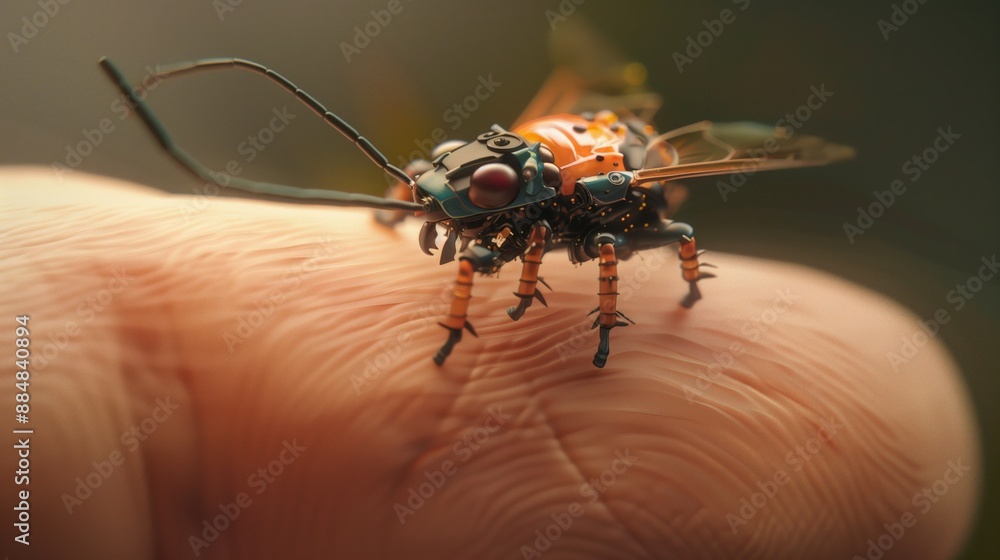Robotic insect model resting on a human finger with detailed micro ...