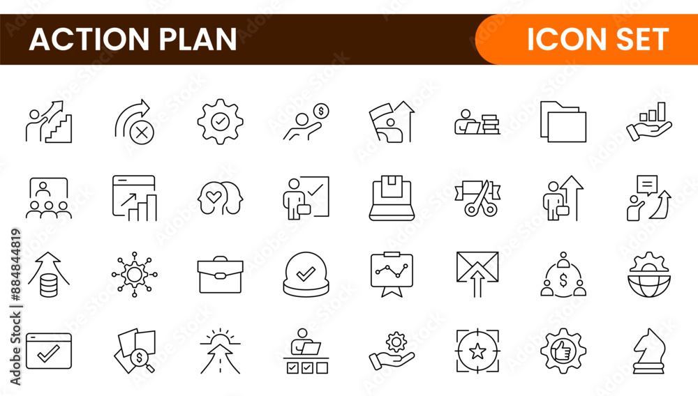Line icons about action plan. Contains such icons as search strategy ...