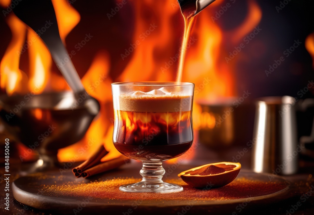 flaming spanish coffee cocktail preparation cinnamon sugar, fire, drink ...